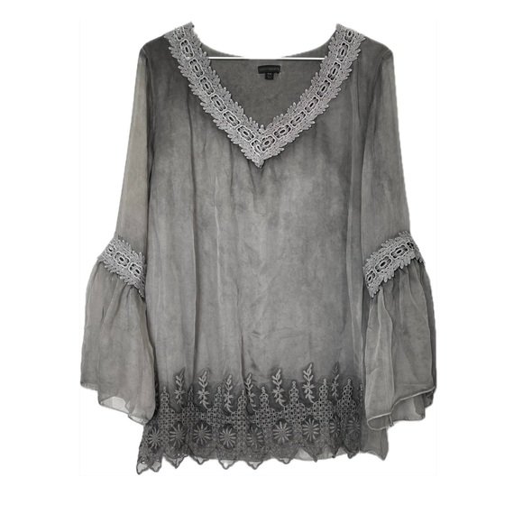 Coco + Carmen | Tops | Coco Carmen Gray Sheer Flowy Blouse Vneck Bell ...